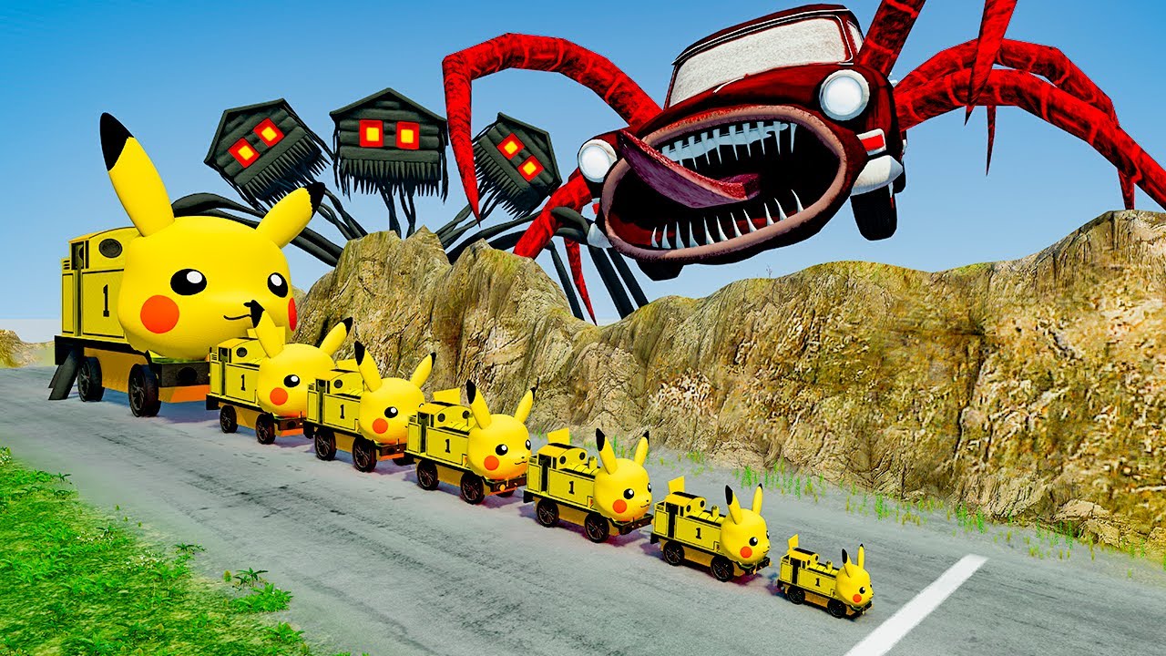 PIKACHU Big & Small Cars vs Downhill Madness with CAR EATER & HOUSE ...