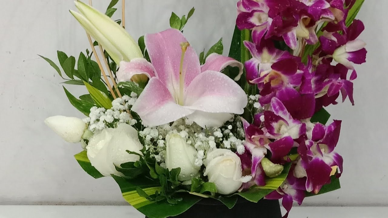 pink and white combination arrangement Lily Rose orchid flower Black ...