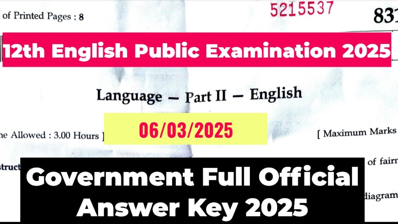 12th English Public Answer Key 2025|12th English Public question paper ...