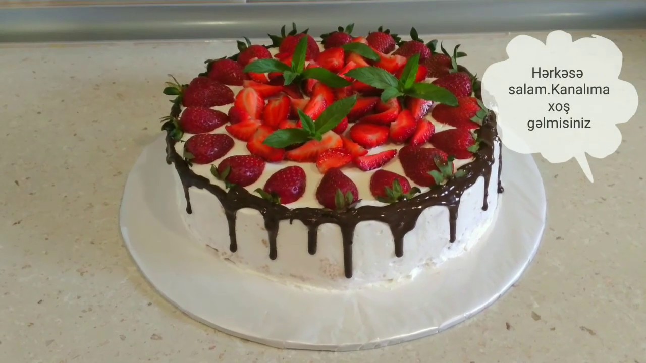 🔴Çox dadlı çiyələkli,qaymaqlı tort.🎂Asan tort hazırlanması🍰Yaş pasta ...