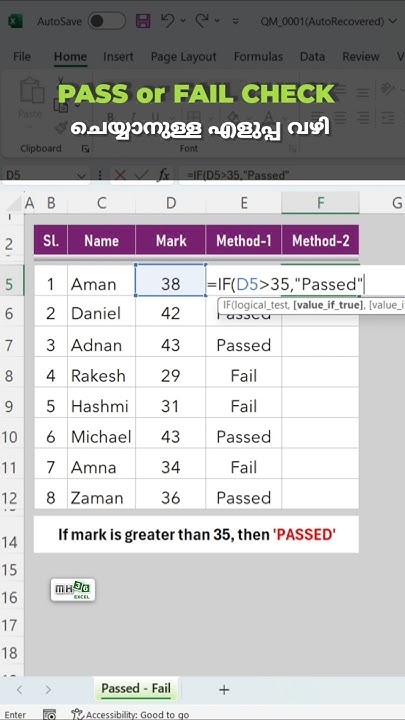 Pass or Fail in Excel Using IF Formula | Excel Malayalam Tutorial #Shorts #ExcelTips - YouTube