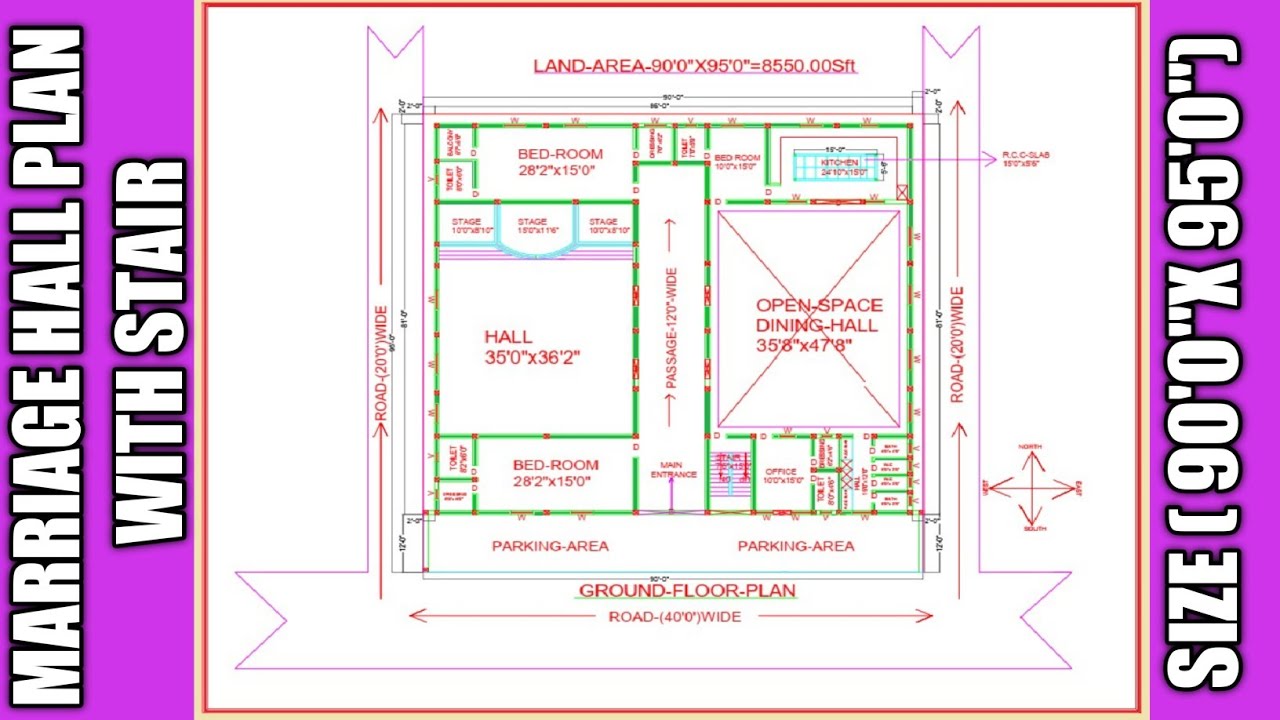 Architectural Marriage Hall Plan in Land Size (90'0"x95'0")|| Auto Cad ...