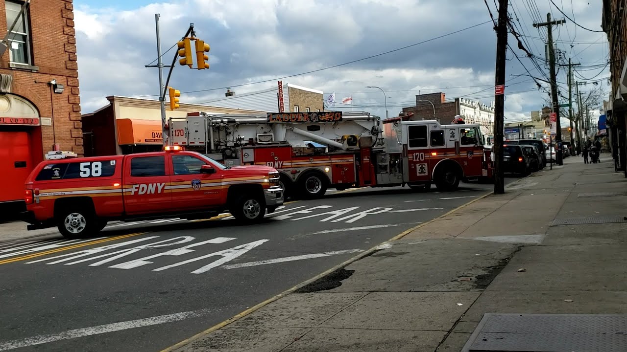 FDNY Tower Ladder 170 & Battalion 58 responding from quarters - YouTube