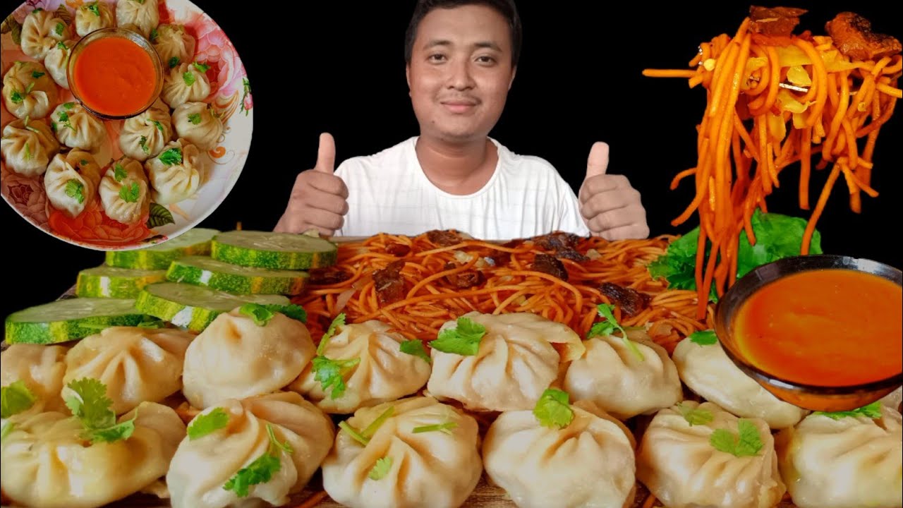 BUFF MOMO,BUFF CHWOMEIN SPICY CHUTNEY AND CUCUMBER MUKBANG | SUNIL ...