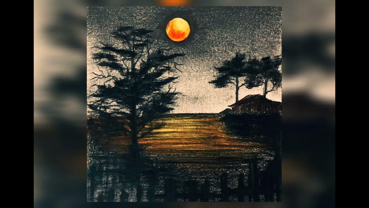 How to draw a full moon scenary / Beautiful moon light drawing using ...