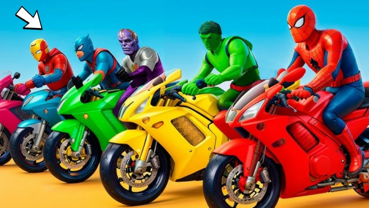 spider -man!on motorcycle in spiral brige and superhero fighting sin ...