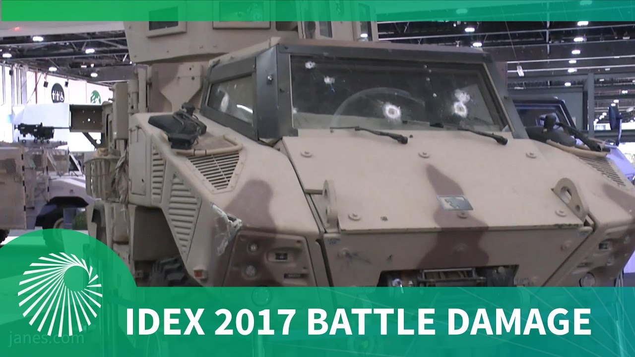 IDEX 2017: Battle-damaged Nimr Jais MRAP on display - YouTube