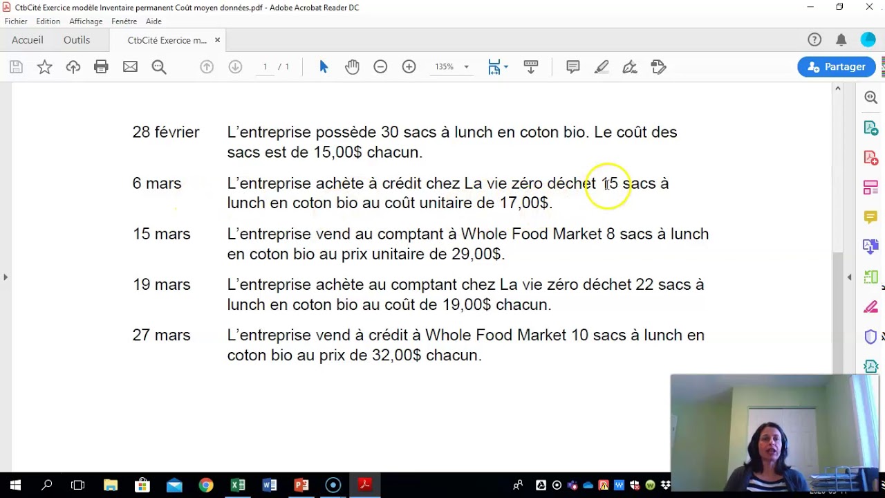 Stocks, l'inventaire permanent selon la méthode du coût moyen, 1ière ...