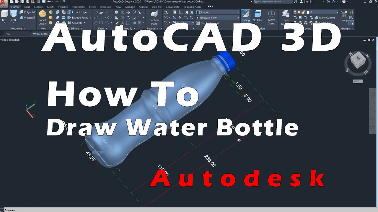 AutoCAD 3D, How to drawing water bottle, 3D modeling, autodesk ...