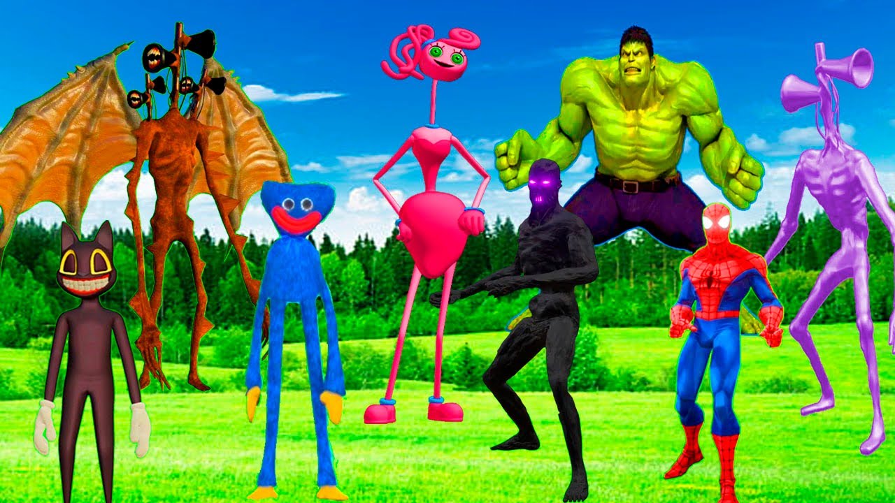 Siren head fly Huggy Wuggy and Spider man Hulk Cartoon Cat Enderman Pop ...