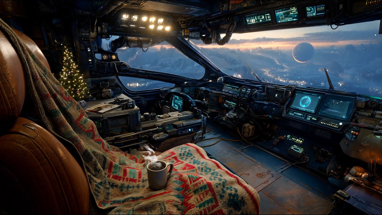 Cozy Spaceship Cockpit 🚀 Winter Twilight Ambience with Coffee & Snow ...