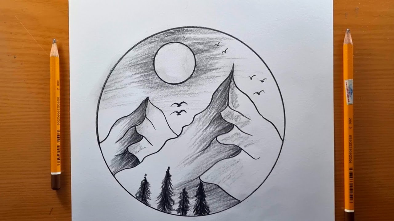 Disegno a matita Disegno del paesaggio - Disegno del paesaggio montano in modo semplice - YouTube