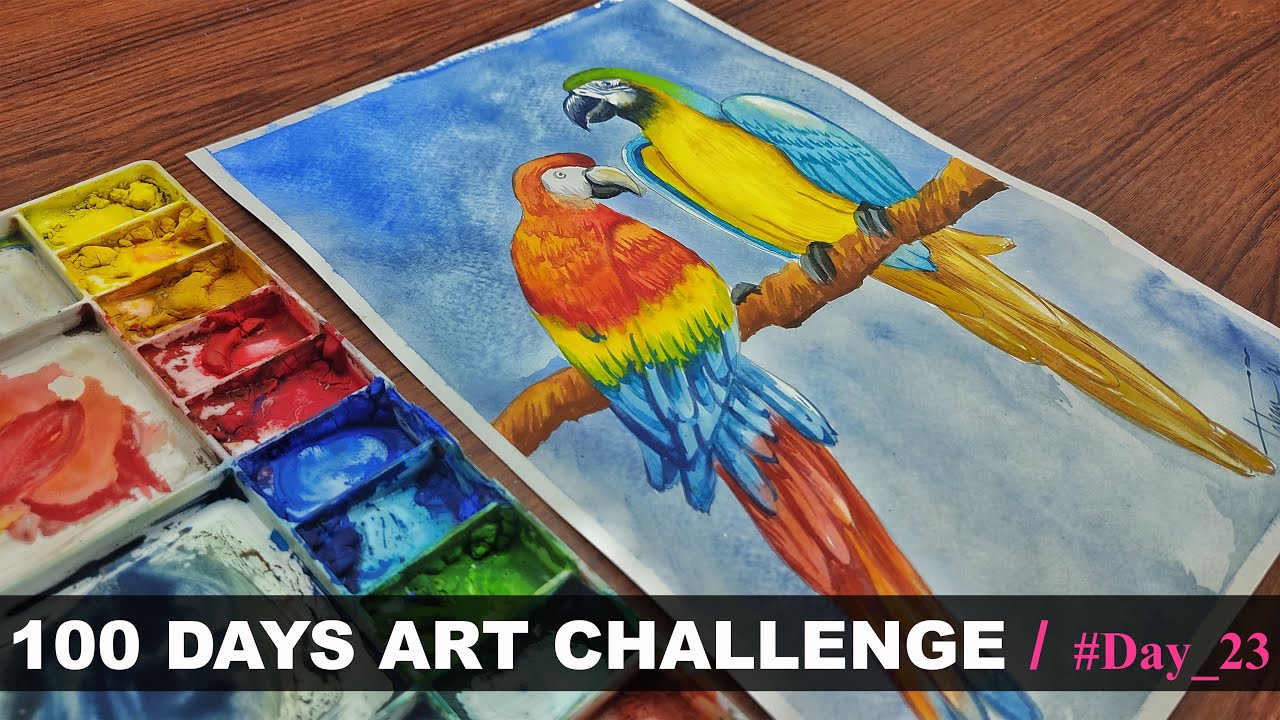 Watercolor Painting of Macaw Couple | Parrot Drawing | 100 Days Art ...