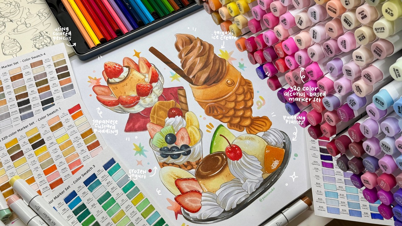 draw with me, sweet dessert illustrations🍮🍓🍨 a cozy vlog, using 320 ...