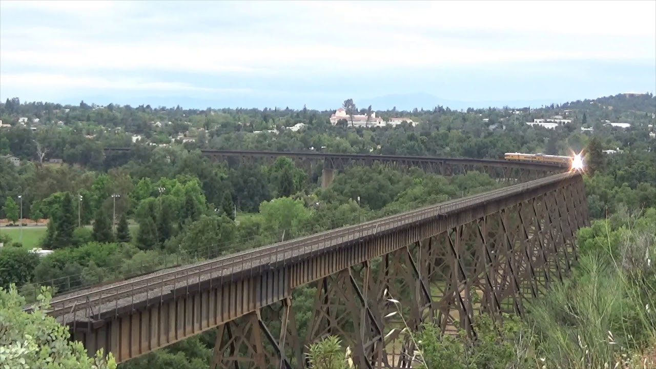 UP 1111 leading PSLKF-16 over Redding trestle! - YouTube
