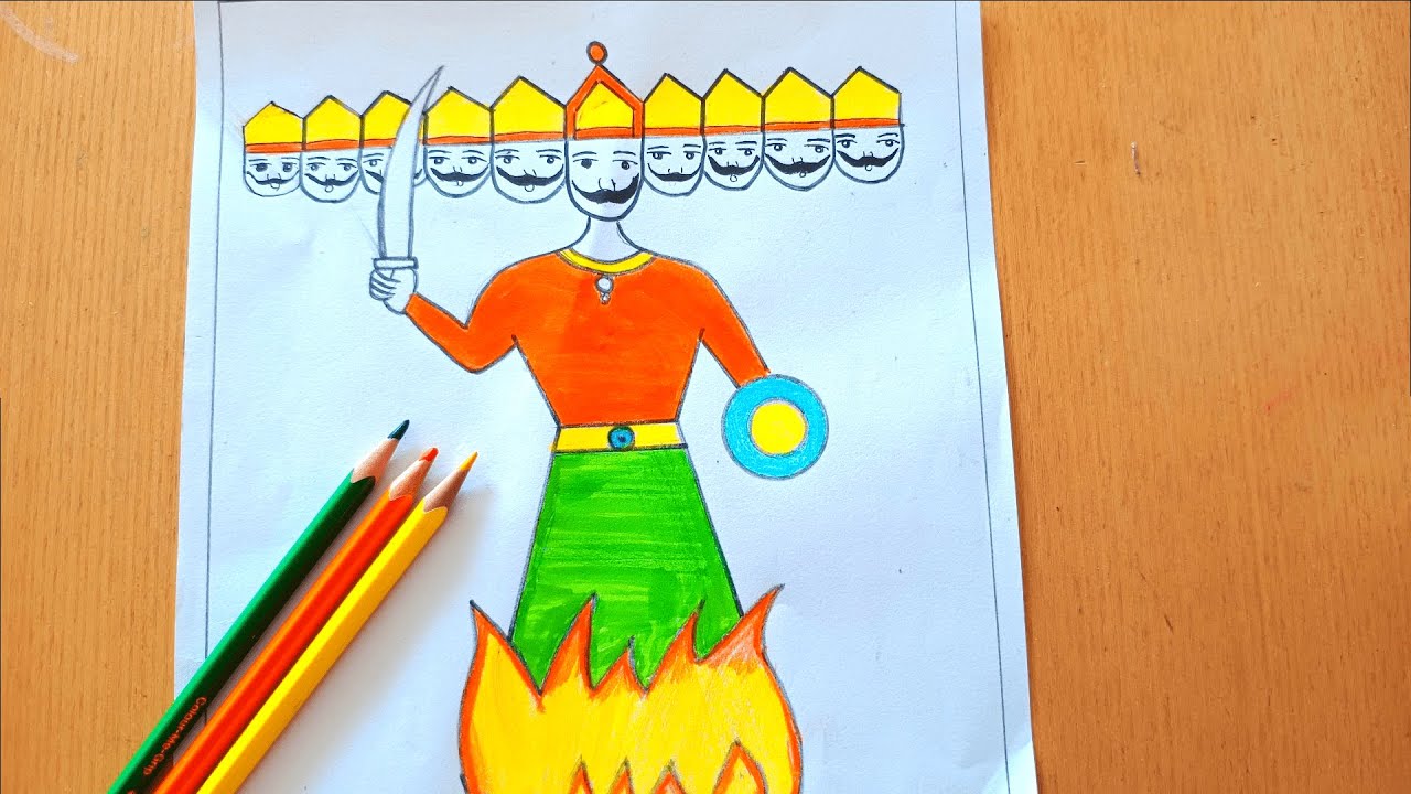How to Draw Beautiful Dussehra Scenery, Dusshera Drawing |Ravan Drawing ...