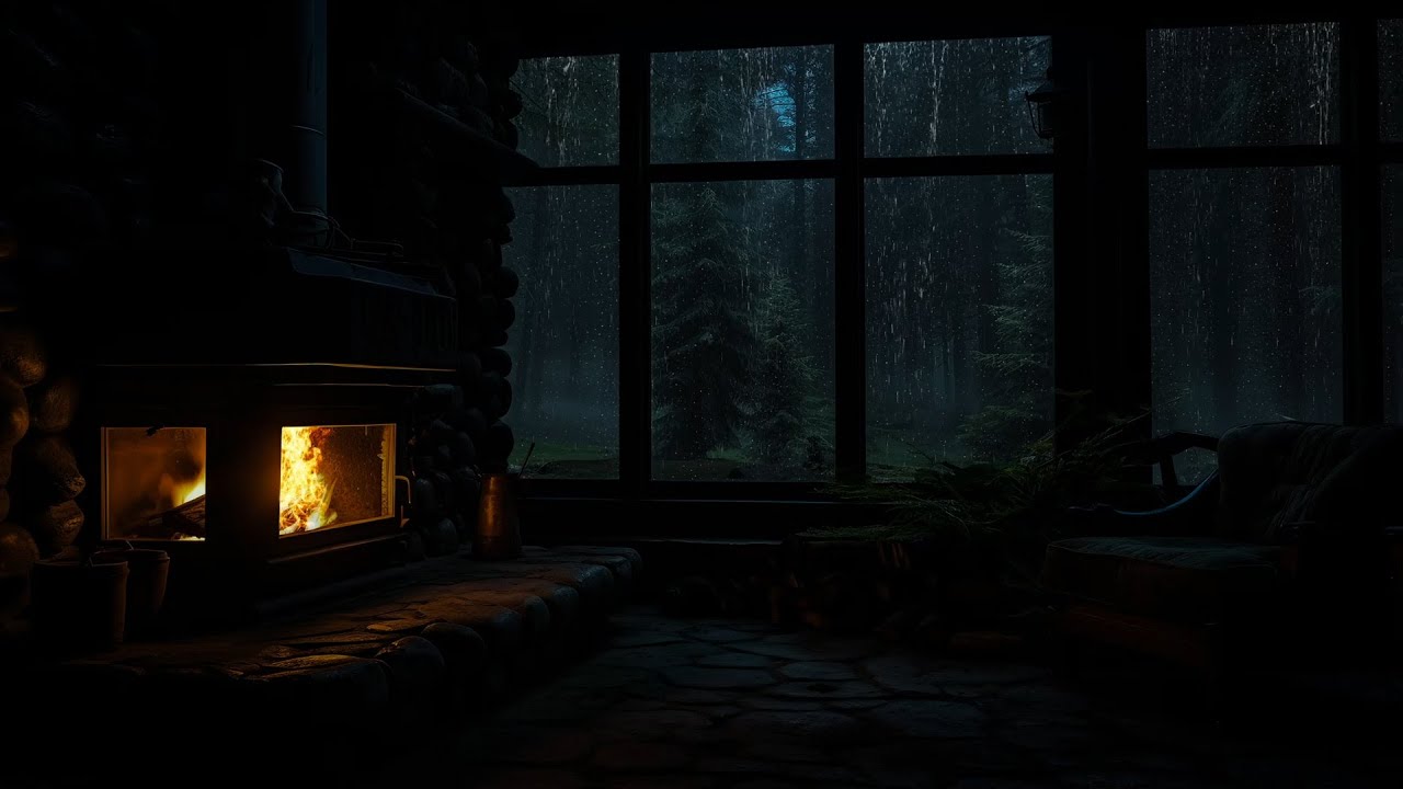 Cozy Rainy Night in Tropical Forest | Fireplace Burning in Cabin Room ...