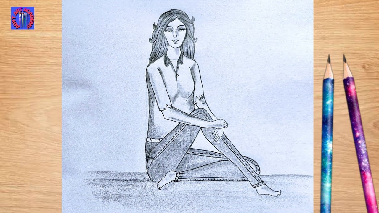 How to draw a girl sitting cross legged || pencil sketch girl drawing ...