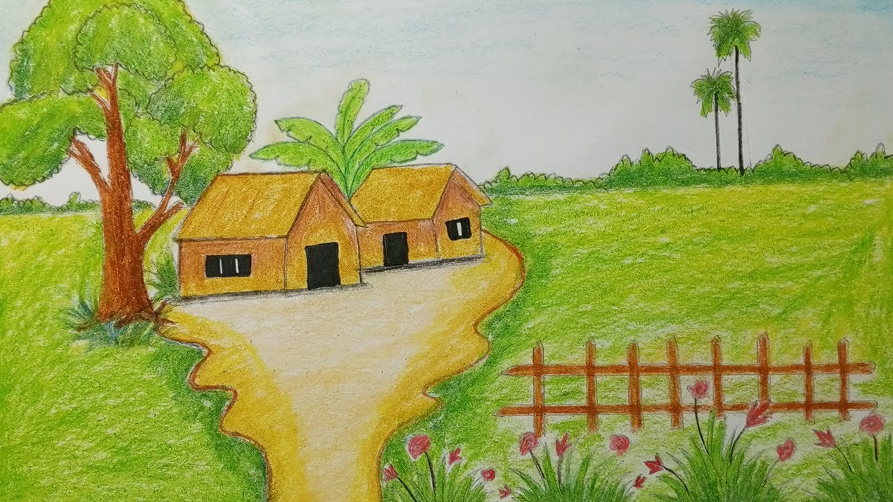 how to draw easy village nature scenery | beautiful Bengali landscape ...