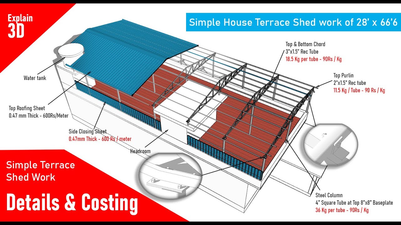 Simple Roofing Terrace Shed Work - Truss Work of 60 x 30 feet - Metal ...