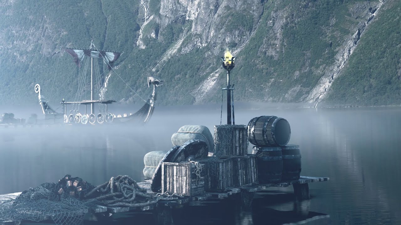 Medieval Viking Longboat On A Pier At Eikesdalsvatnet, Norway - VFX ...