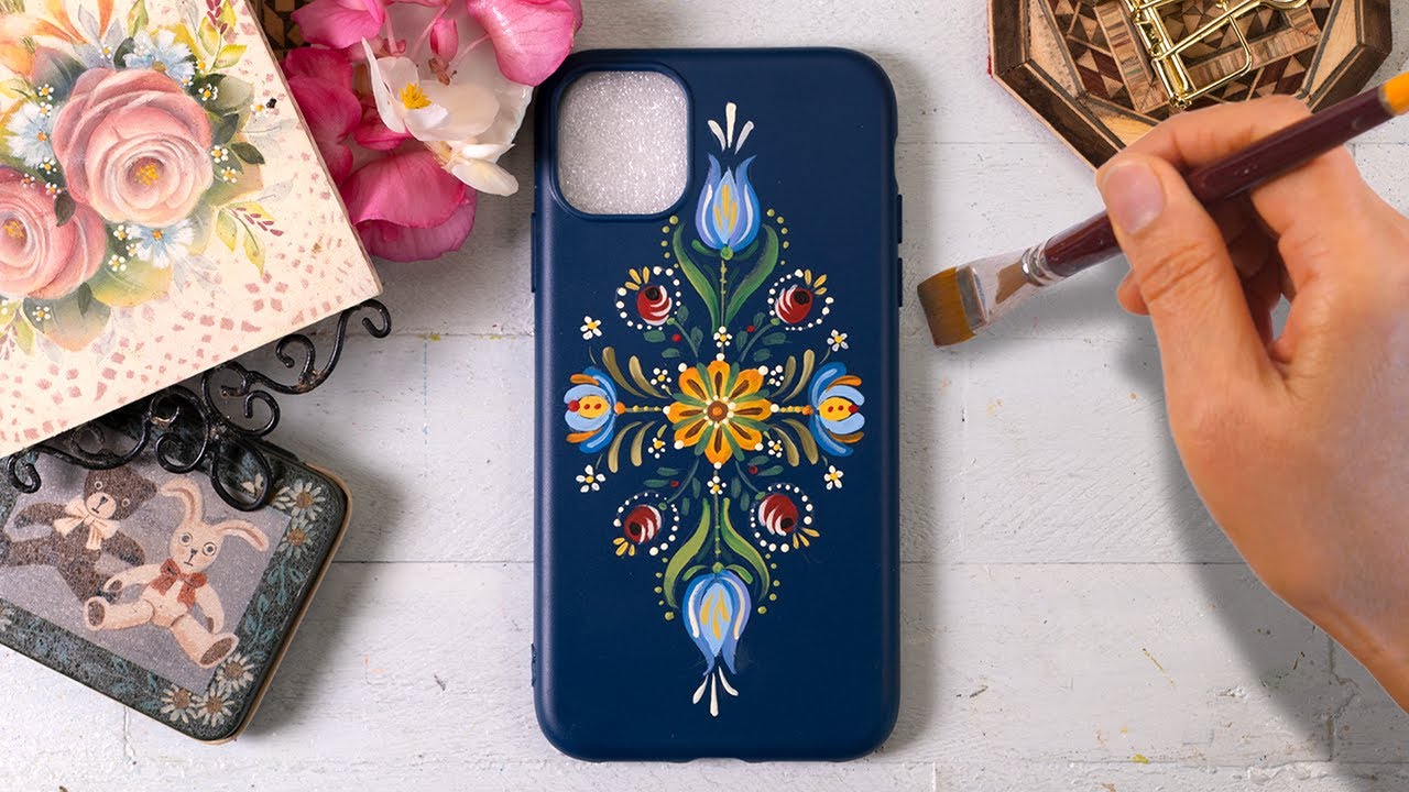 I painted folk art on a Smart phone case / Acrylic painting for ...