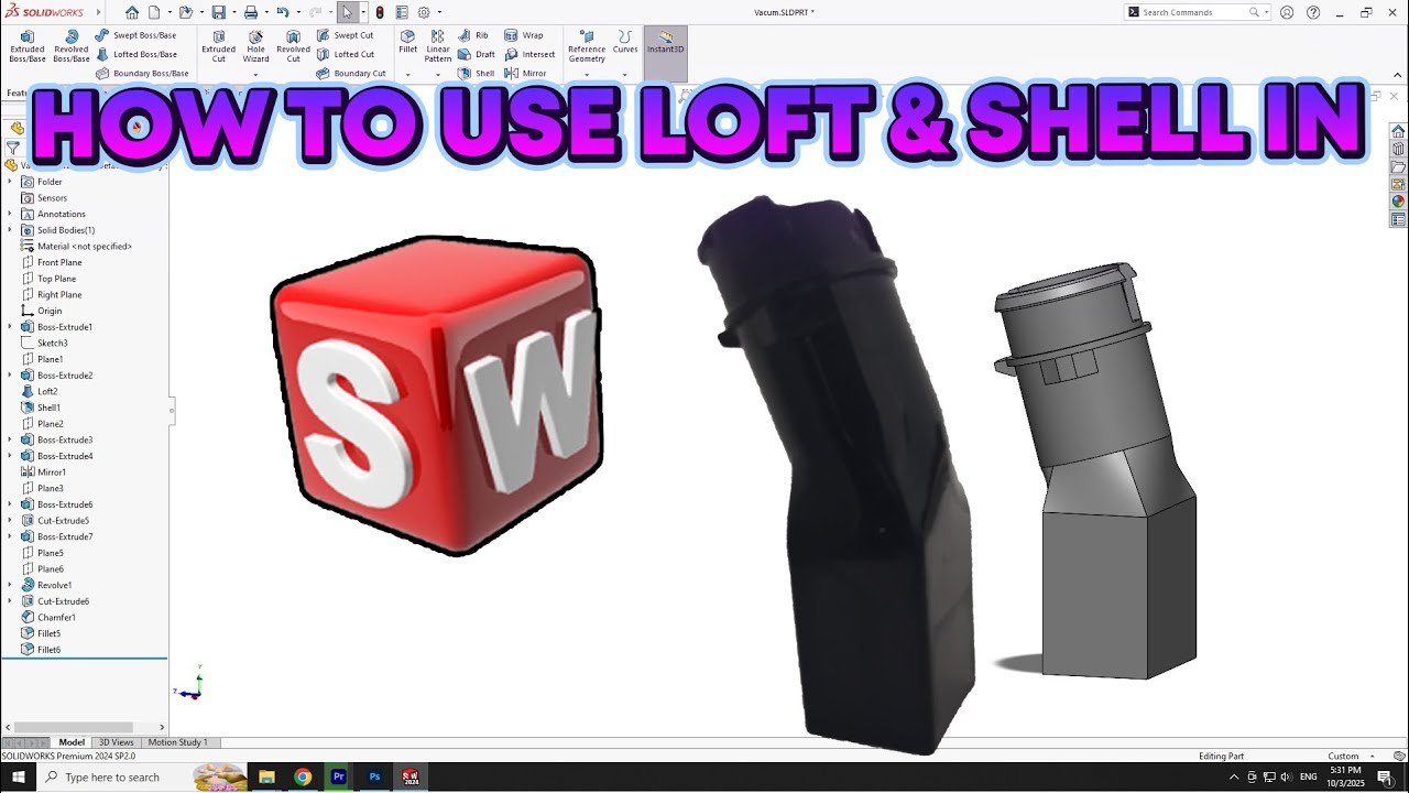 Solidworks tutorial, How to use LOFT & SHELL tools - YouTube