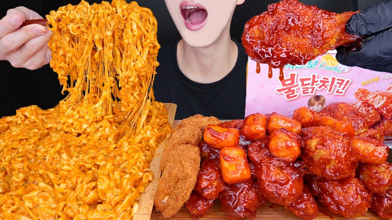 ASMR CARBO FIRE CHICKEN NOODLES CHEESE CUTLET MUKBANG 까르보불닭볶음면 먹방 プルダック ...