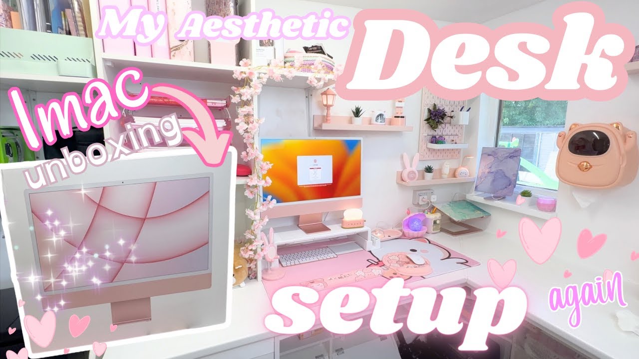 My aesthetic desk setup again ⭐︎ makeover ⭐︎ unboxing my new pink imac ...