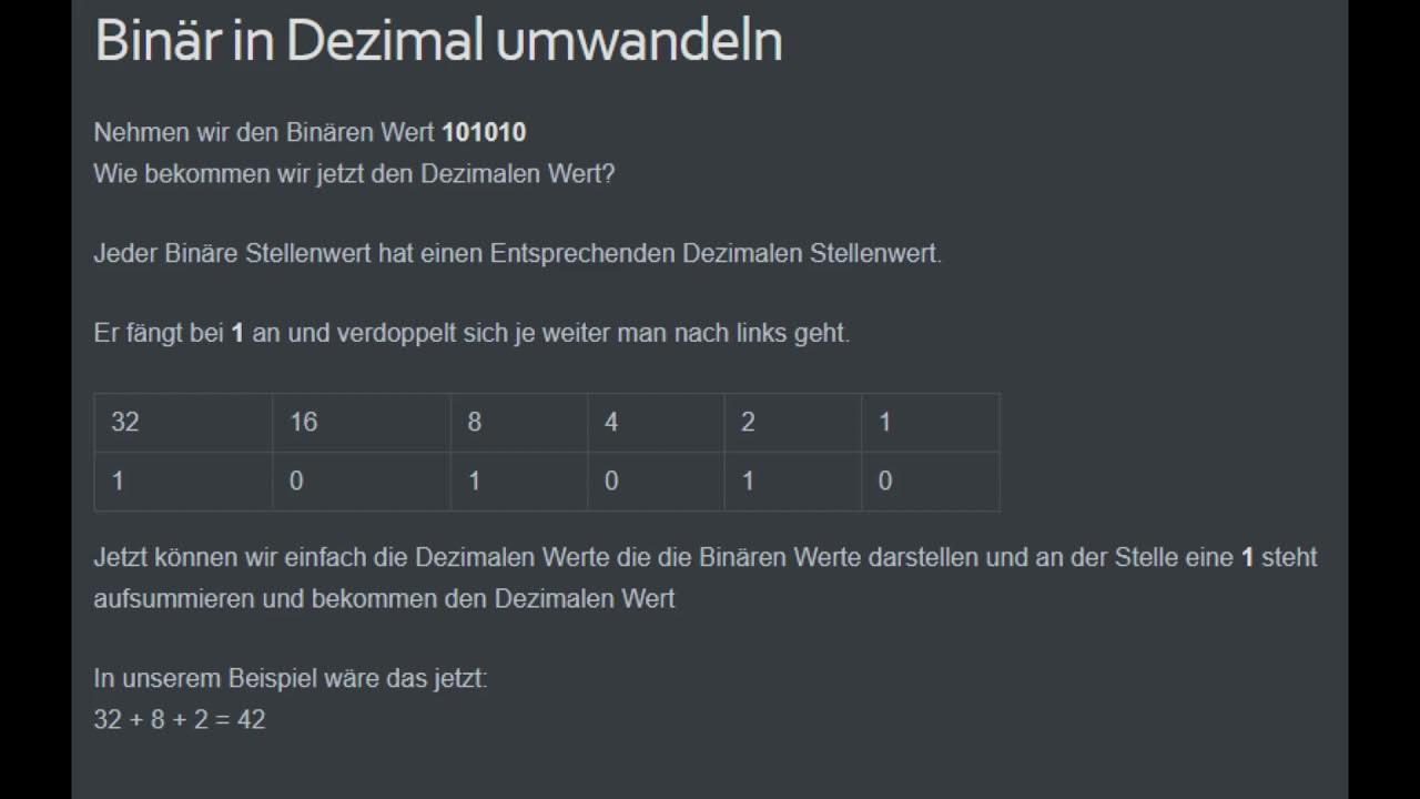 Binär in Dezimal umwandeln - YouTube
