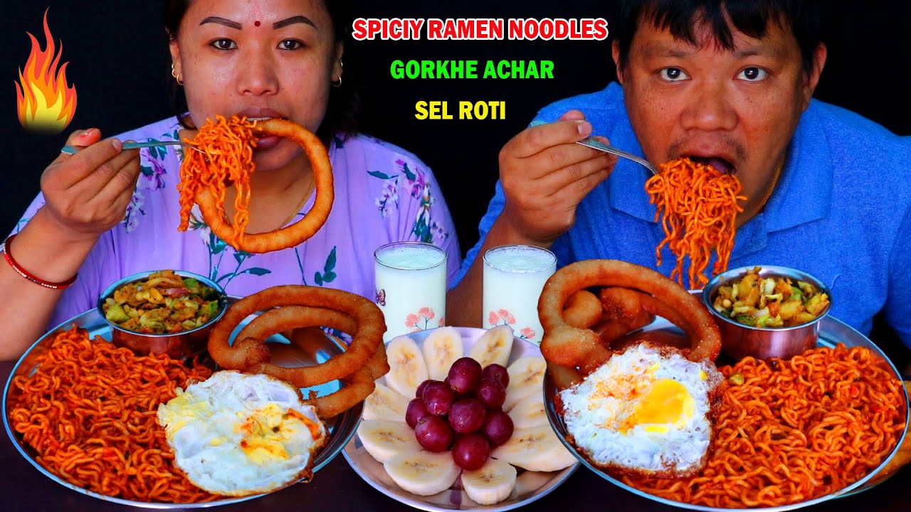 SPICIY RAMEN NOODLES 🔥 SEL ROTI WITH GORKHE ACHAR & MILKSHEKE | EATING ...