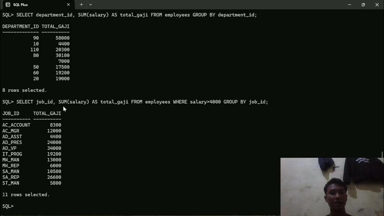 Penggunaan Kombinasi Klausa Join, Group By, Having, dan Order By menggunakan SQL Plus - YouTube