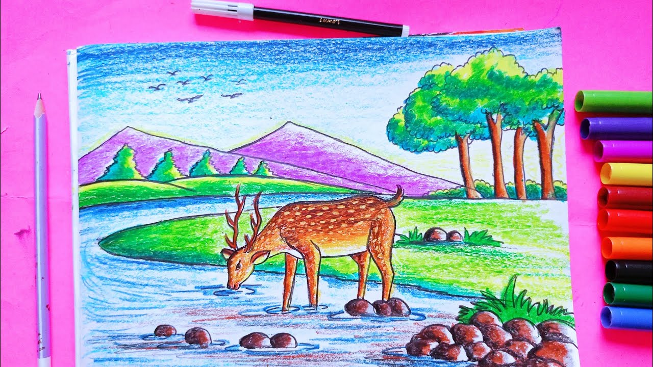 How to draw a beautiful deer scenery / simple and easy step by step ...