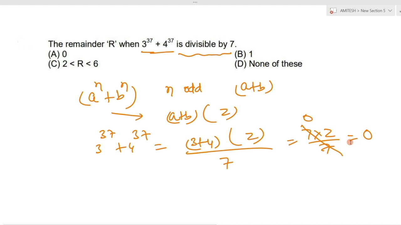 find the remainder when 3^37 +4^37 is divided by 7 - YouTube