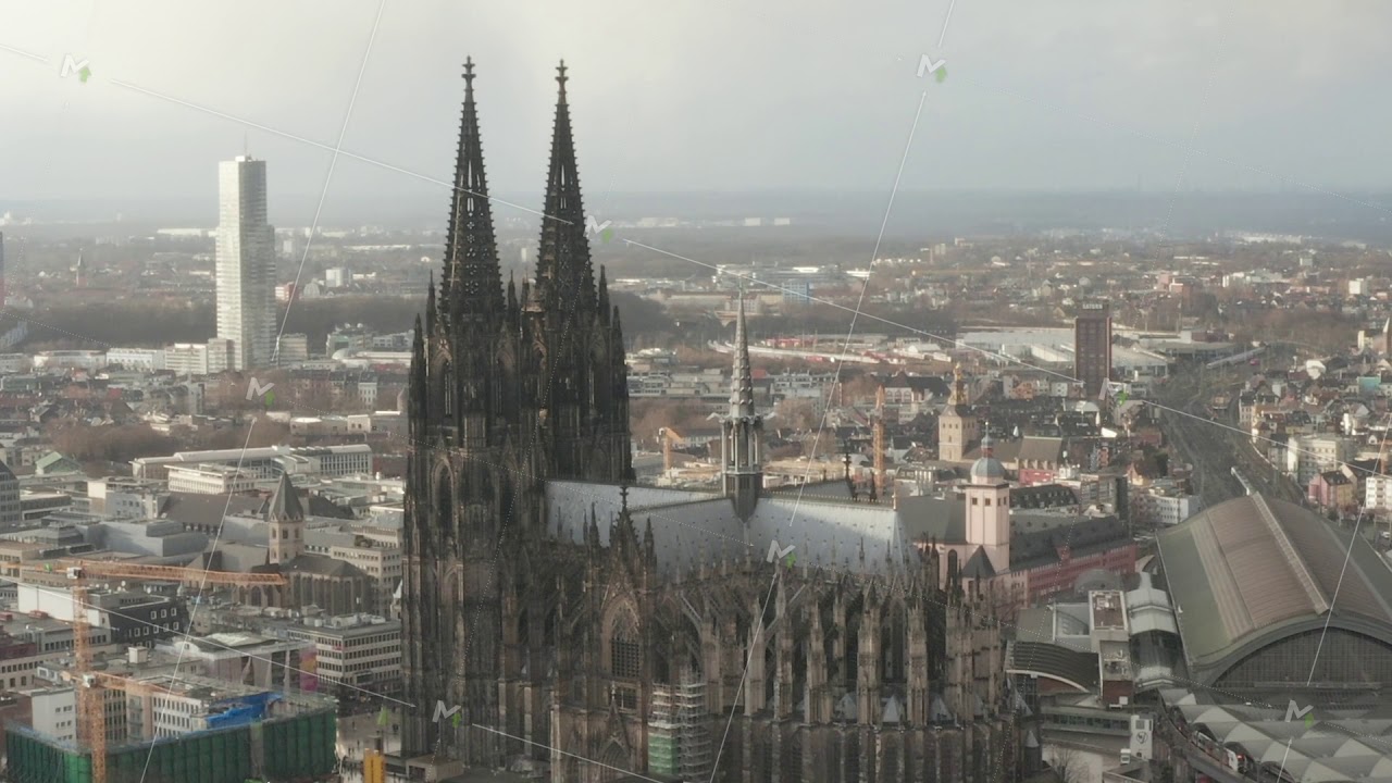 AERIAL: Towards Beautiful Cologne Cathedral with Central Train Station ...