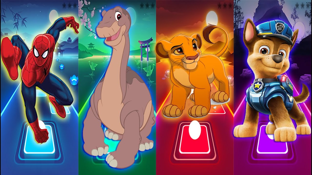 Spider man vs Little Foot vs Simba vs Paw Patrol in Tiles Hop EDM Rush ...