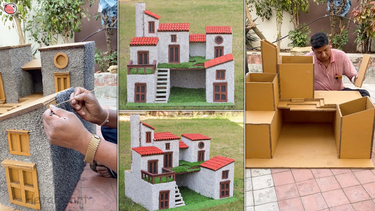 Building a miniature model of a dream house with cardboard. Full steps ...