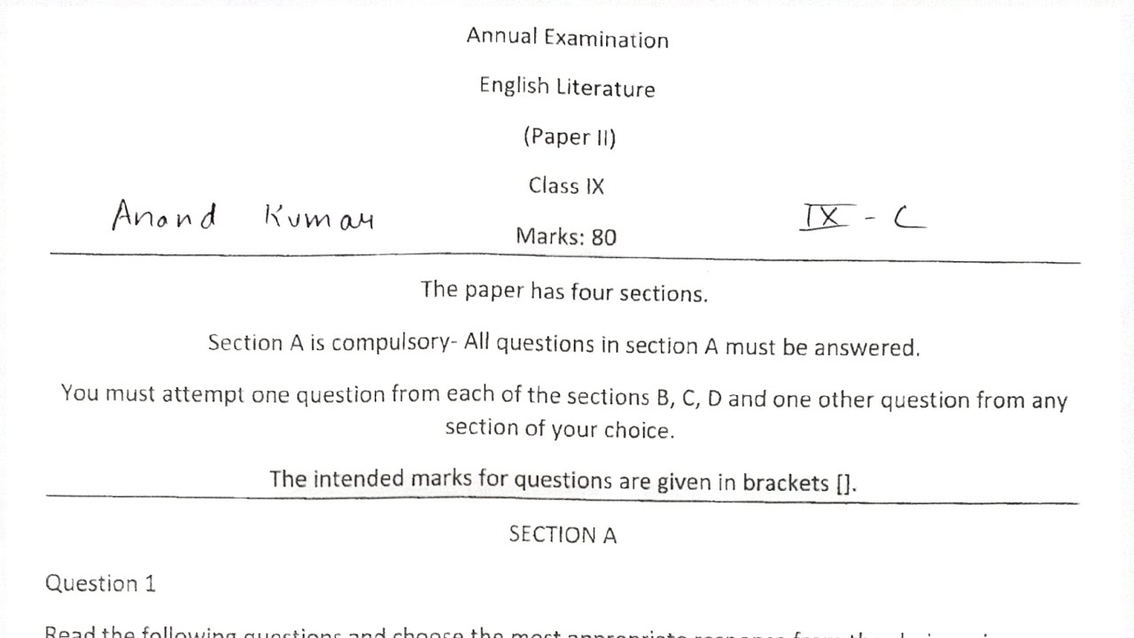 ICSE ENGLISH LITERATURE | CLASS 9 | ANNUAL EXAMINATION | QUESTION PAPER ...