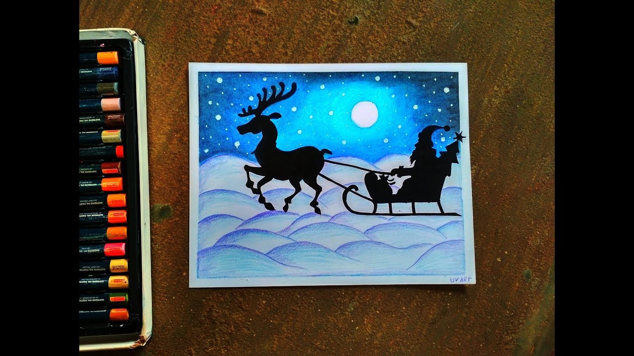 How to draw Christmas Santa Claus Scenery with Oil pastels | Christmas ...