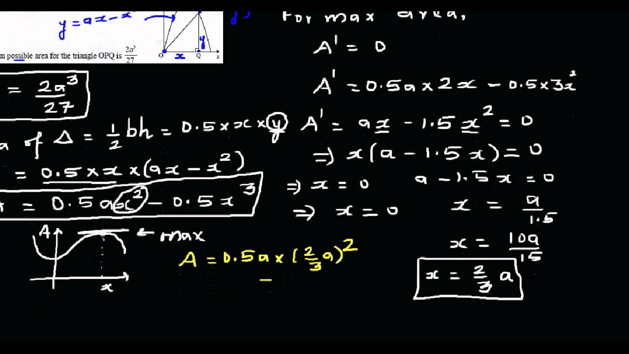 Application of differentiation to find maximum area of a triangle inscribed in a parabola - YouTube