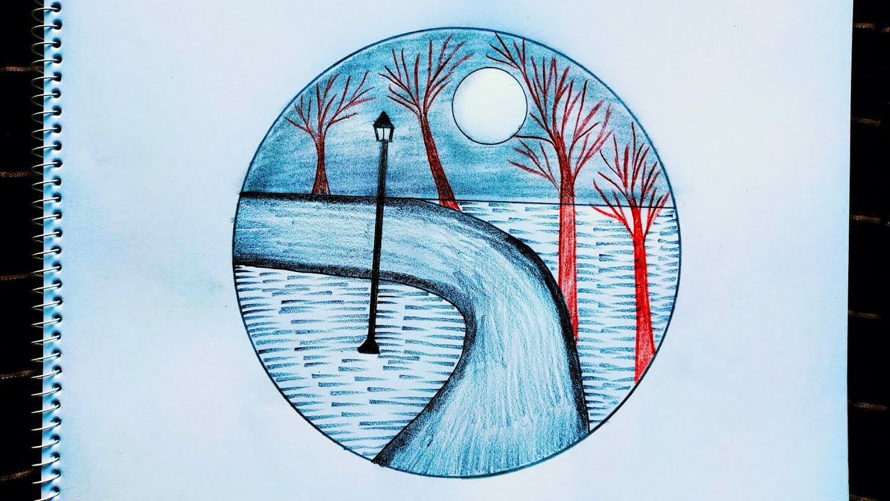 Beautiful scenery drawing/How to draw a circle scenery drawing/ - YouTube