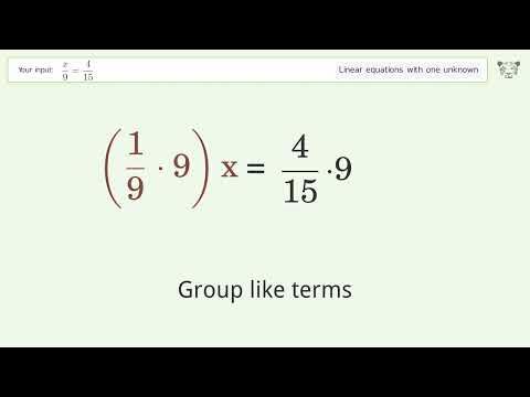 Linear equation with one unknown: Solve x/9=4/15 step-by-step solution - YouTube