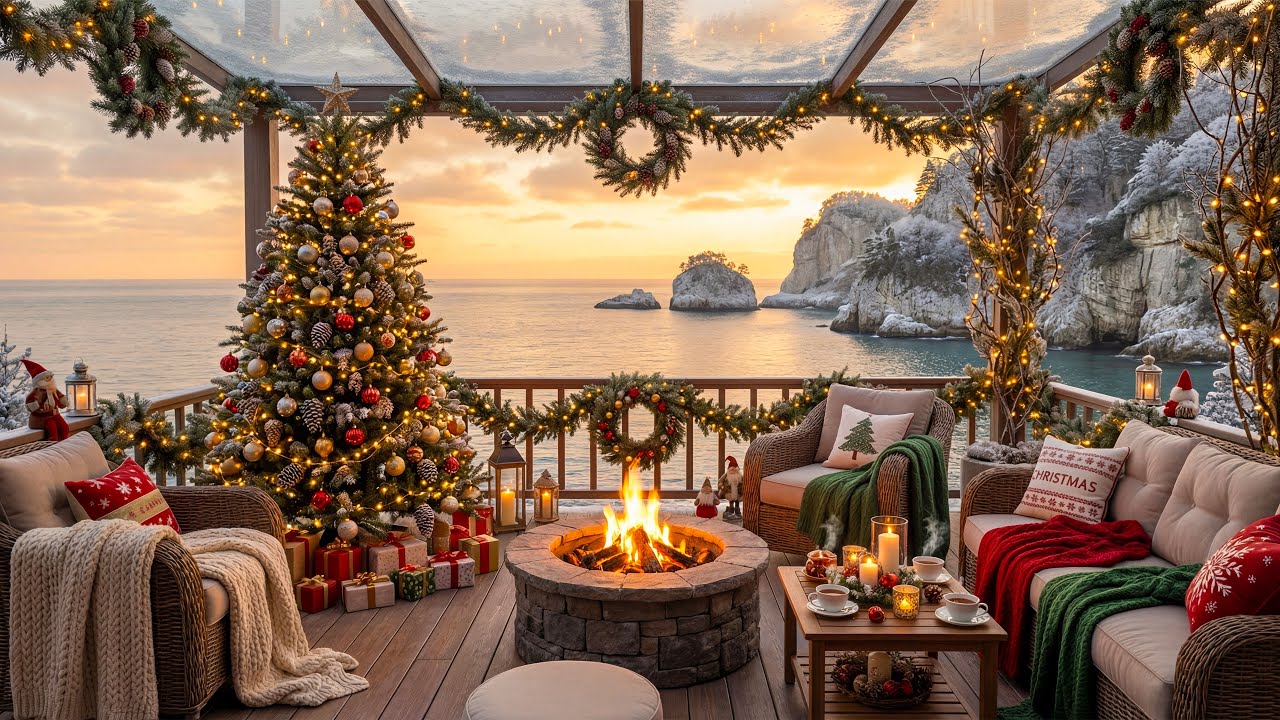 Cozy Christmas Veranda Ambience 🎁 Soft Christmas Music with Crackling ...
