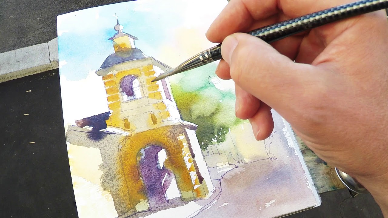 How I painted watercolor sketch of a bell tower - YouTube