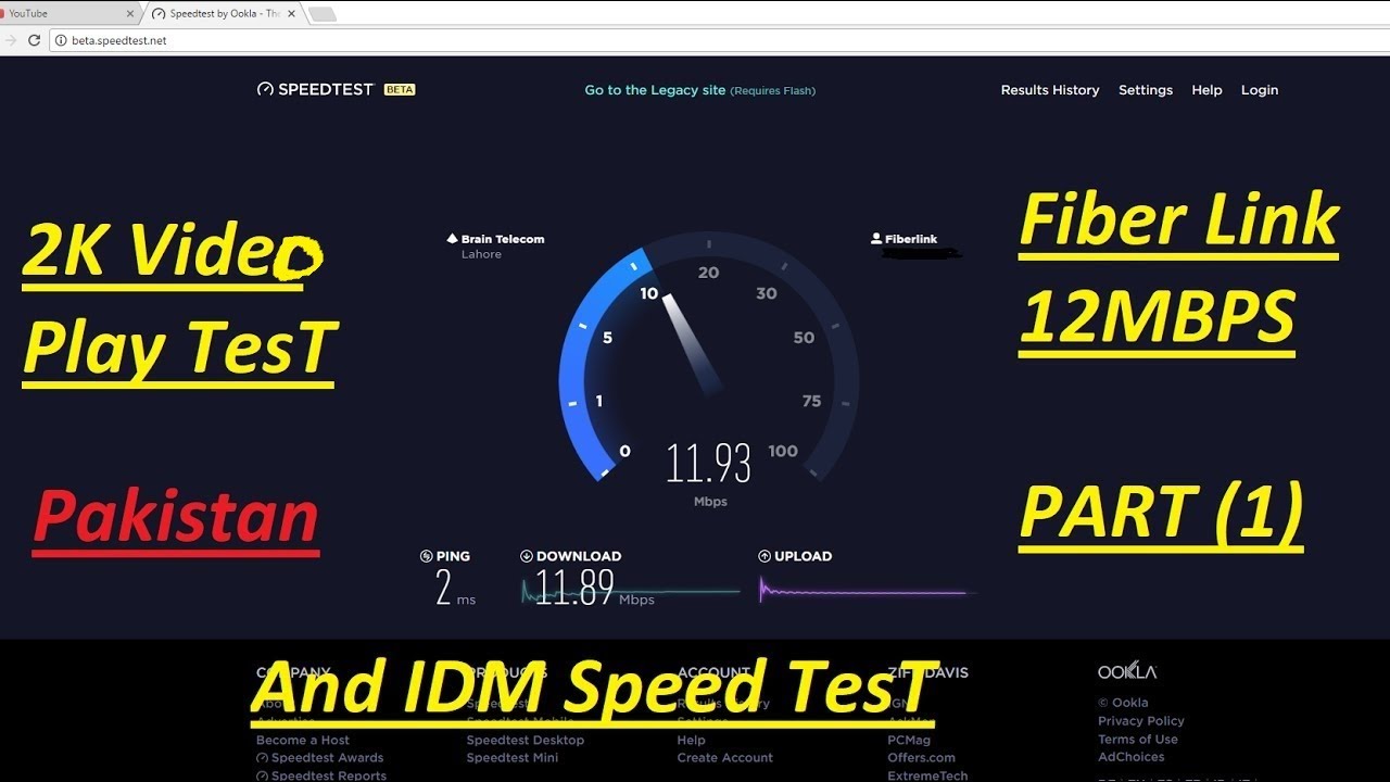Pakistan Fiber Link 12MB InterNet Speed TesT 2K video Play Part 1 - YouTube