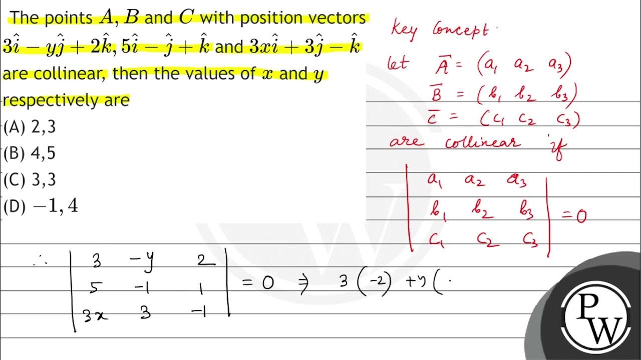 The points \( A, B \) and \( C \) with position vectors \( 3 \hat{i}-y \hat{j}+2 \hat{k}, 5 \hat ...