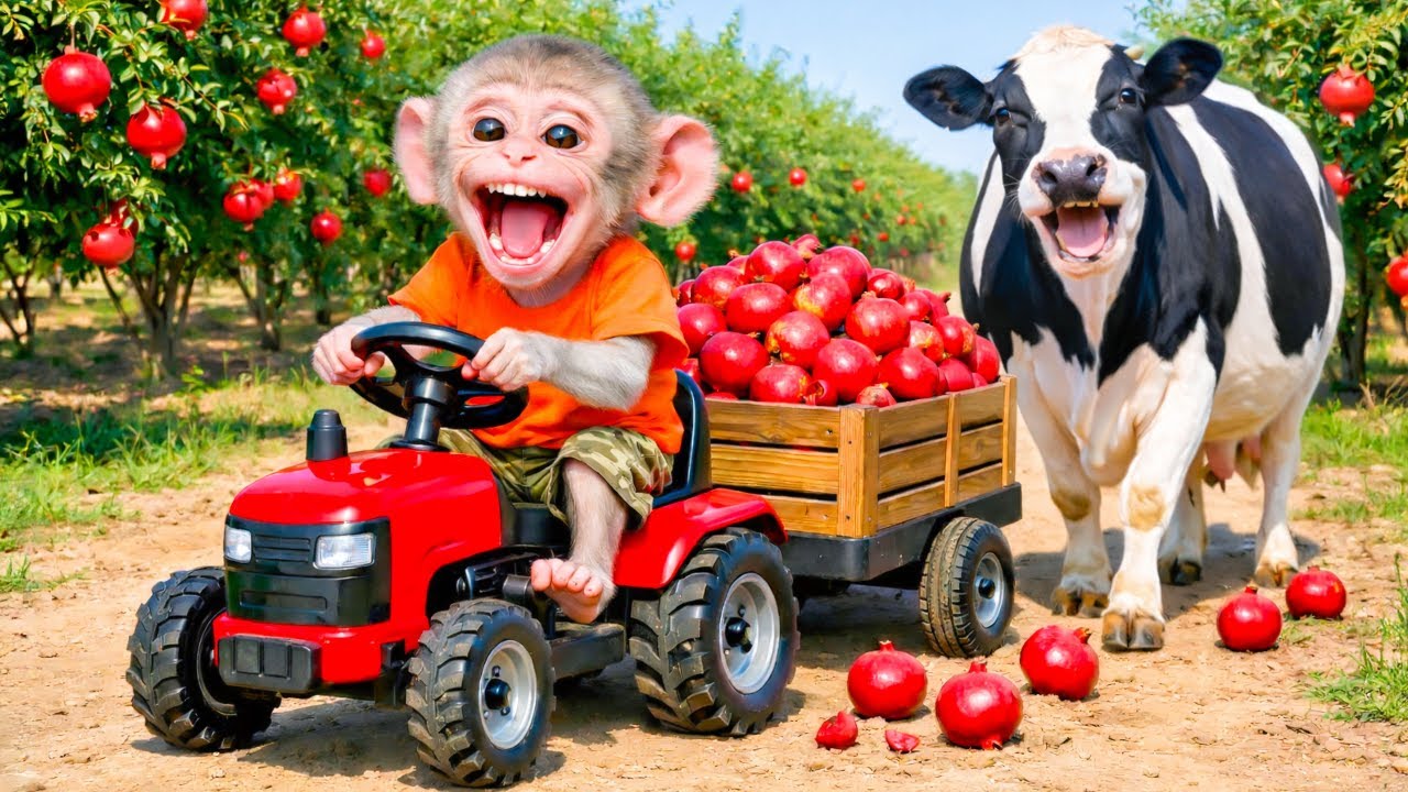 Monkey Farmer Drives a Tractor to Harvest Pomegranates with Dairy Cow ...