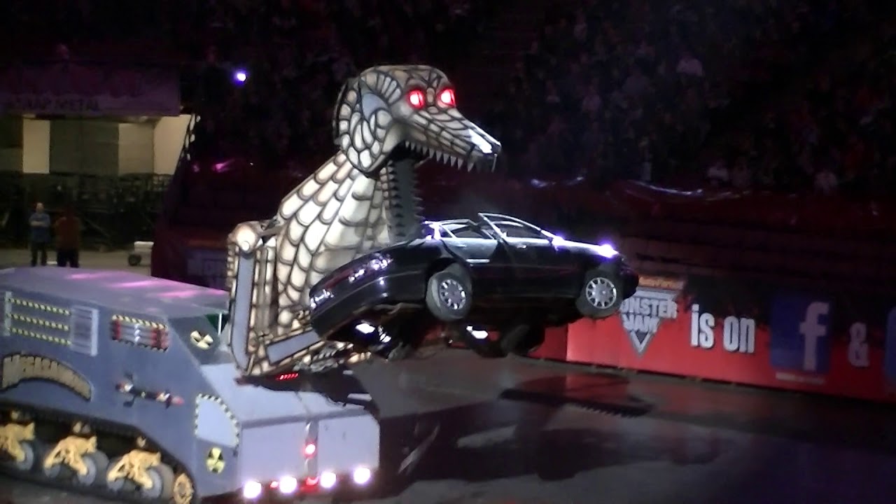 Megasaurus Eats Car MonsterJam 2013 Meadowlands - YouTube