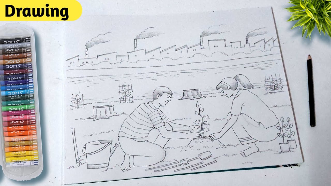Tree Plantation Scenery Drawing/ How to Draw Tree Plantation/ Save Tree ...