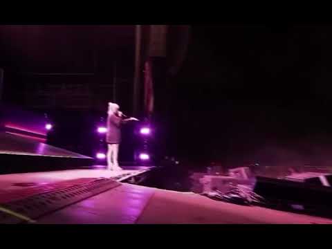 Billie Eilish signing someone’s chest during her festival performance